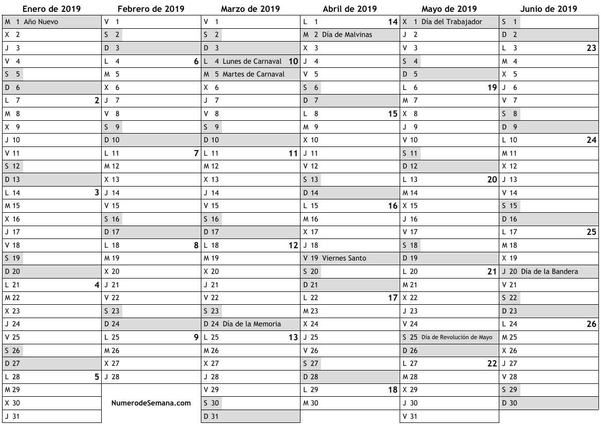 Calendario para 2019 con días festivos e números de semana … almanaques ...