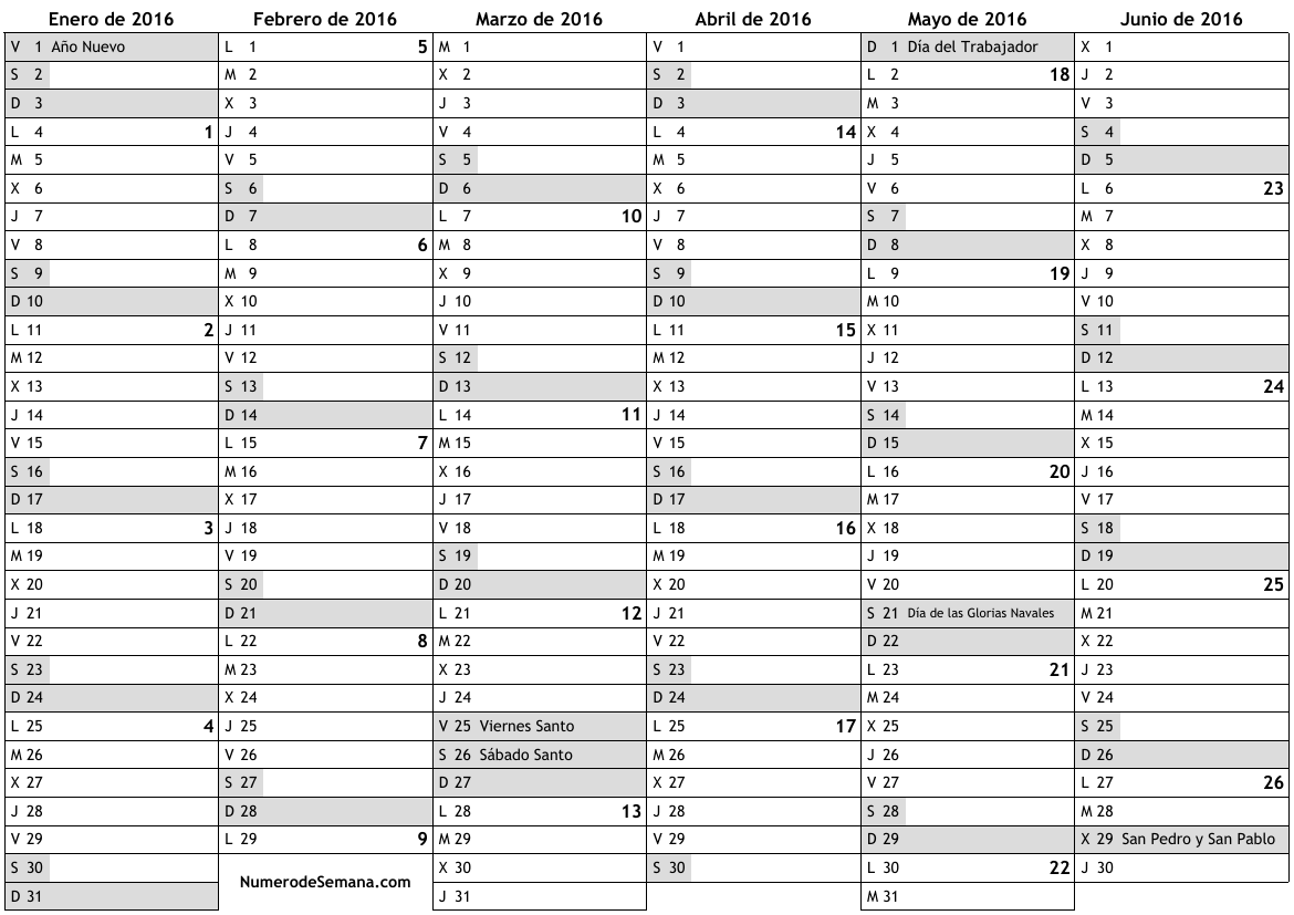 Calendario para 2016 con días festivos e números de semana … almanaques ...