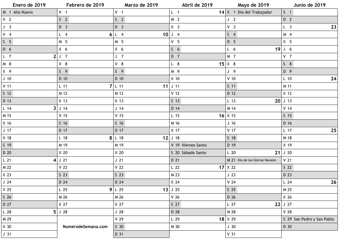 Calendario para 2019 con días festivos e números de semana … almanaques ...