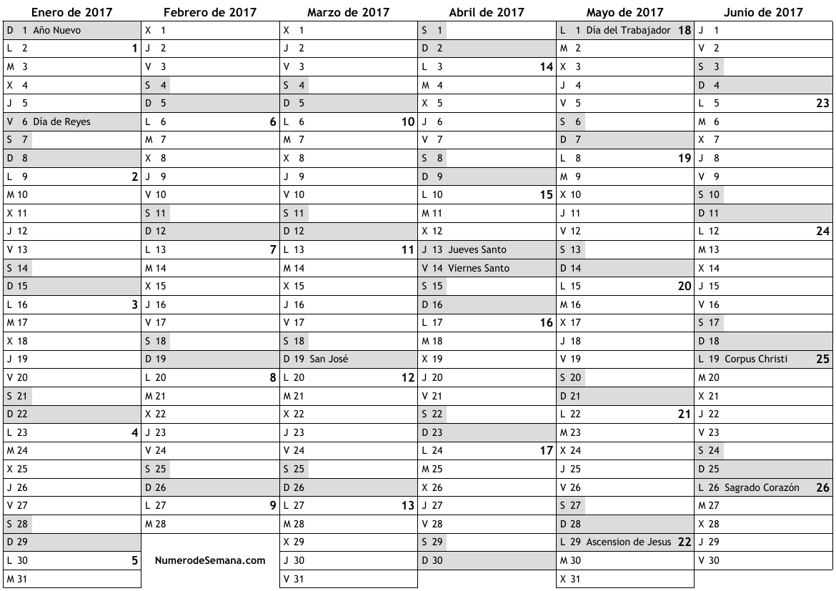 Calendario para 2017 con días festivos e números de semana … almanaques ...