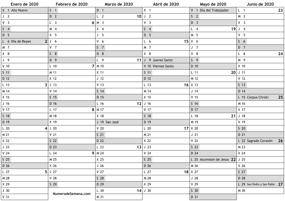 Calendario para 2020 con días festivos e números de semana … almanaques ...
