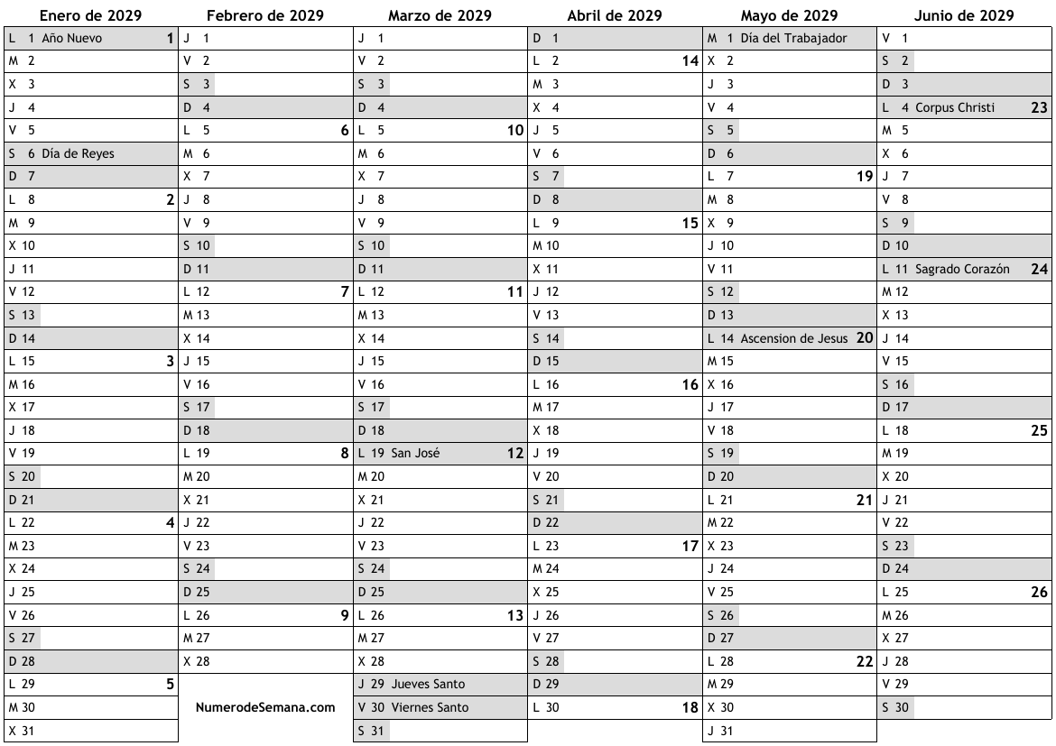 Calendario para 2029 con días festivos e números de semana … almanaques ...
